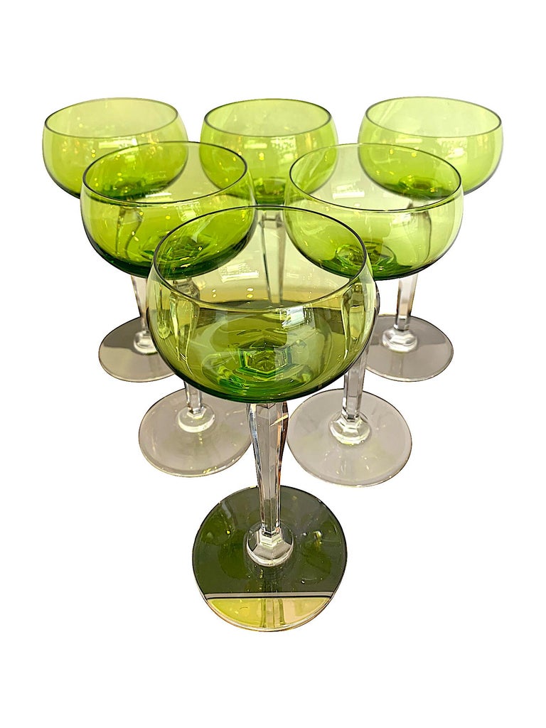 Set of Six Val Saint Lambert Green Crystal Hock Glasses For Sale at 1stDibs