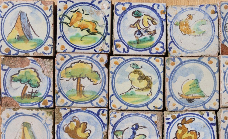 Set of Spanish Antique Hand Decorated Tiles For Sale at 1stDibs