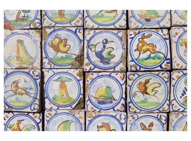 Set of Spanish Antique Hand Decorated Tiles For Sale at 1stDibs