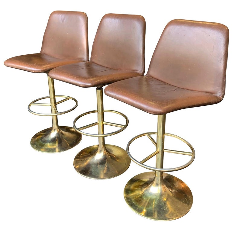 Set of Three 1970s Swivel Bar Stools by Johanson Design with Gilt Metal ...