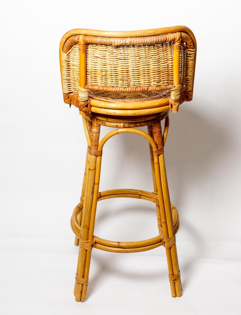 Set of Three Woven Wicker Swivel Bar Stools For Sale at 1stDibs