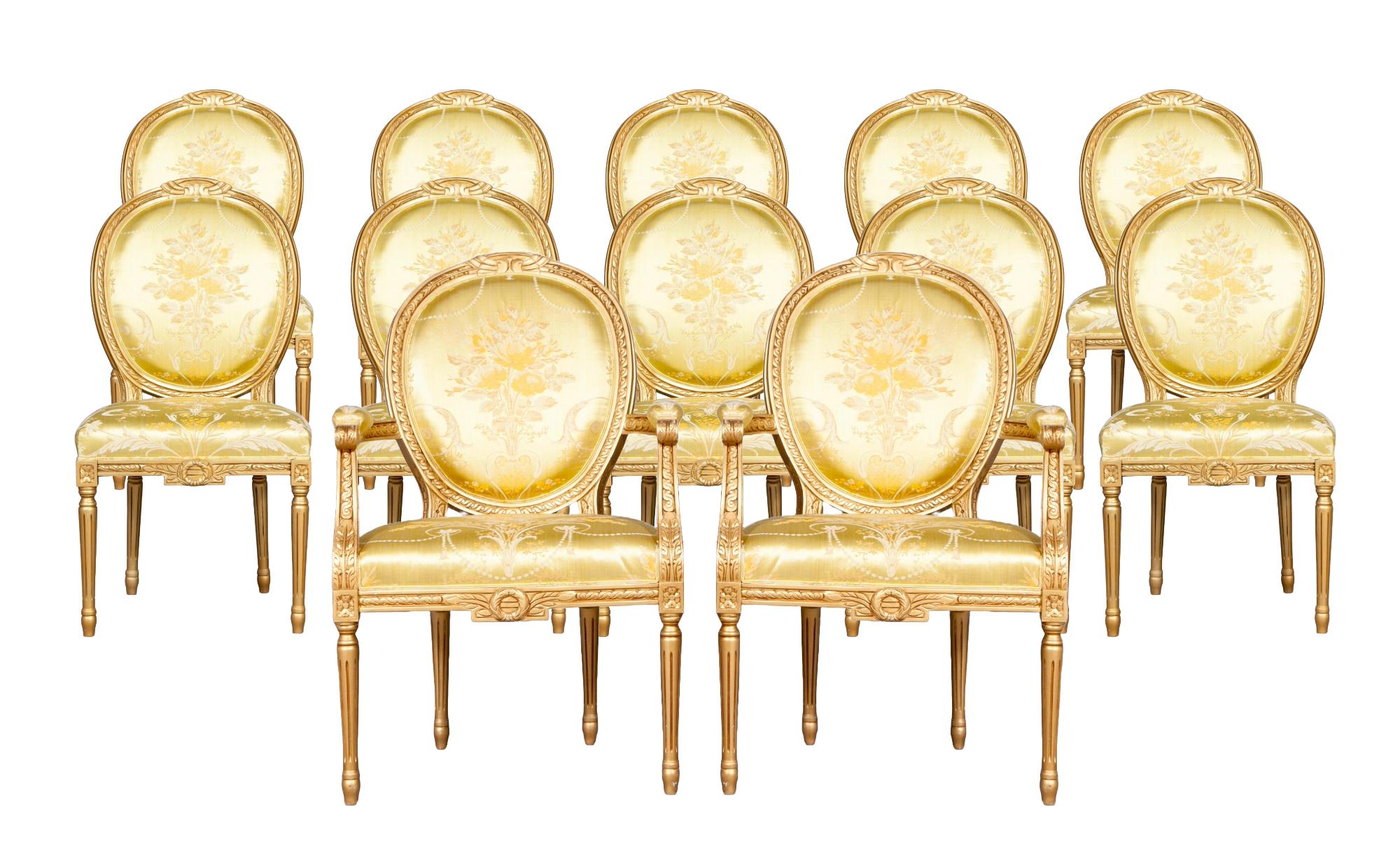 A Set of Twelve Italian Painted Gilt Wood Frame Louis XVI Style Dining ...