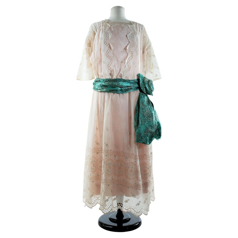 A silk pongee and White Embroidery Chiffon Summer Dress - France Circa ...