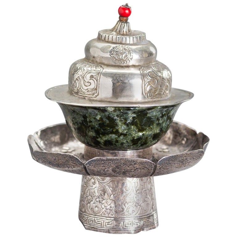 Silver and Jade Butter Tea Set, Tibetan-Chinese, 19th Century For Sale ...