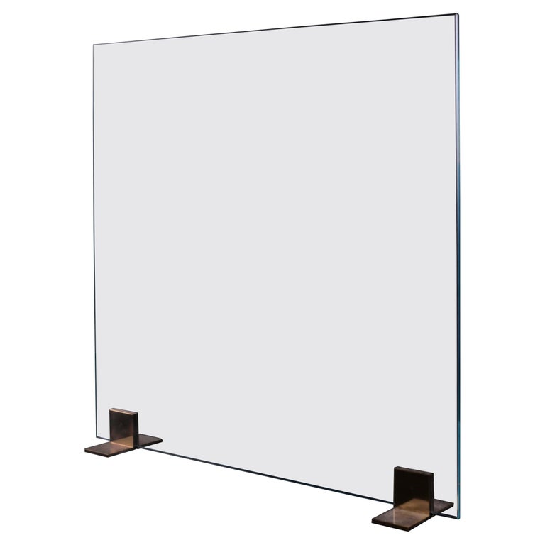 Simple, Elegant Glass Firescreen with Polished Brass Feet at 1stDibs