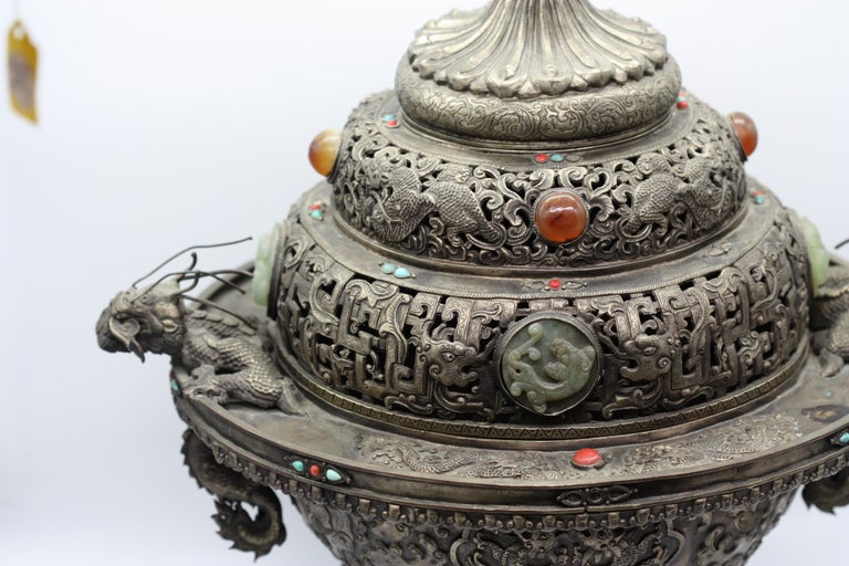 Sino-Mongolian Jade and Hardstone-Inlaid Silvered Copper Presentation ...