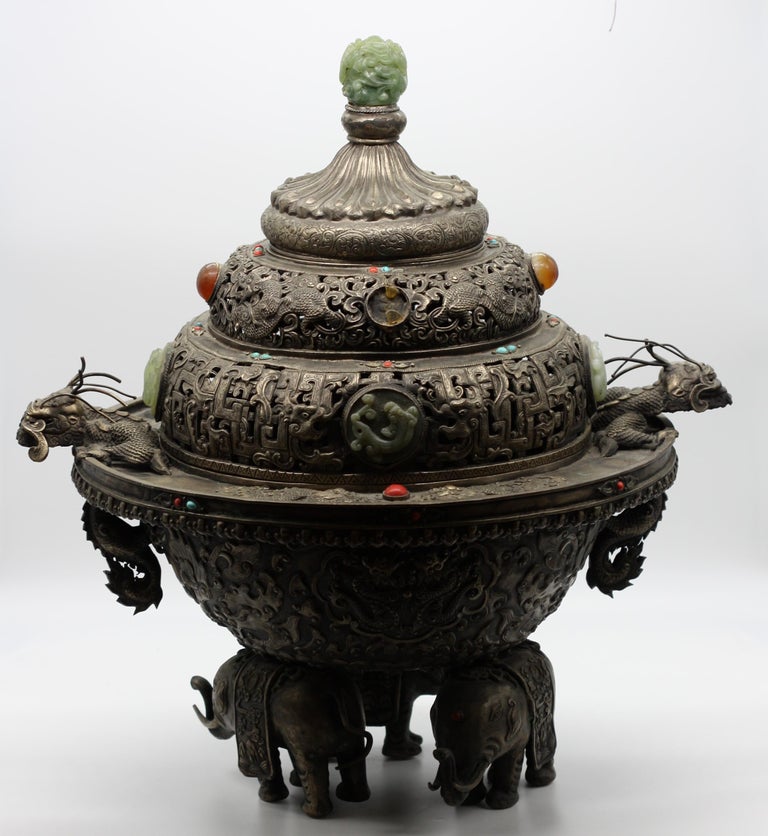 Sino-Mongolian Jade and Hardstone-Inlaid Silvered Copper Presentation ...