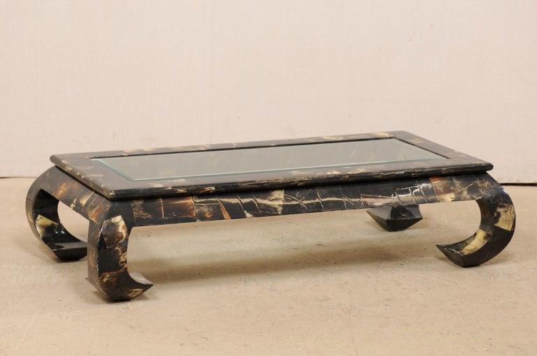Sleek and Modern Water Buffalo Veneer Coffee Table with Glass Top at ...