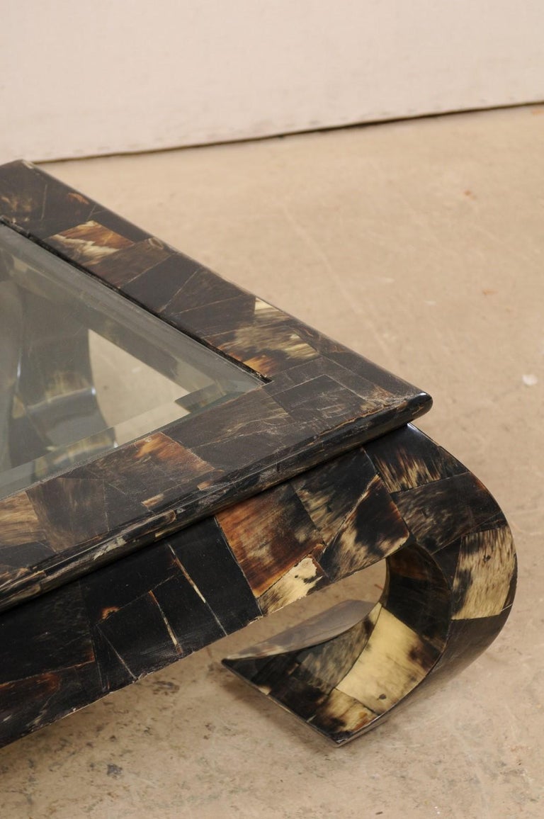 Sleek and Modern Water Buffalo Veneer Coffee Table with Glass Top at ...