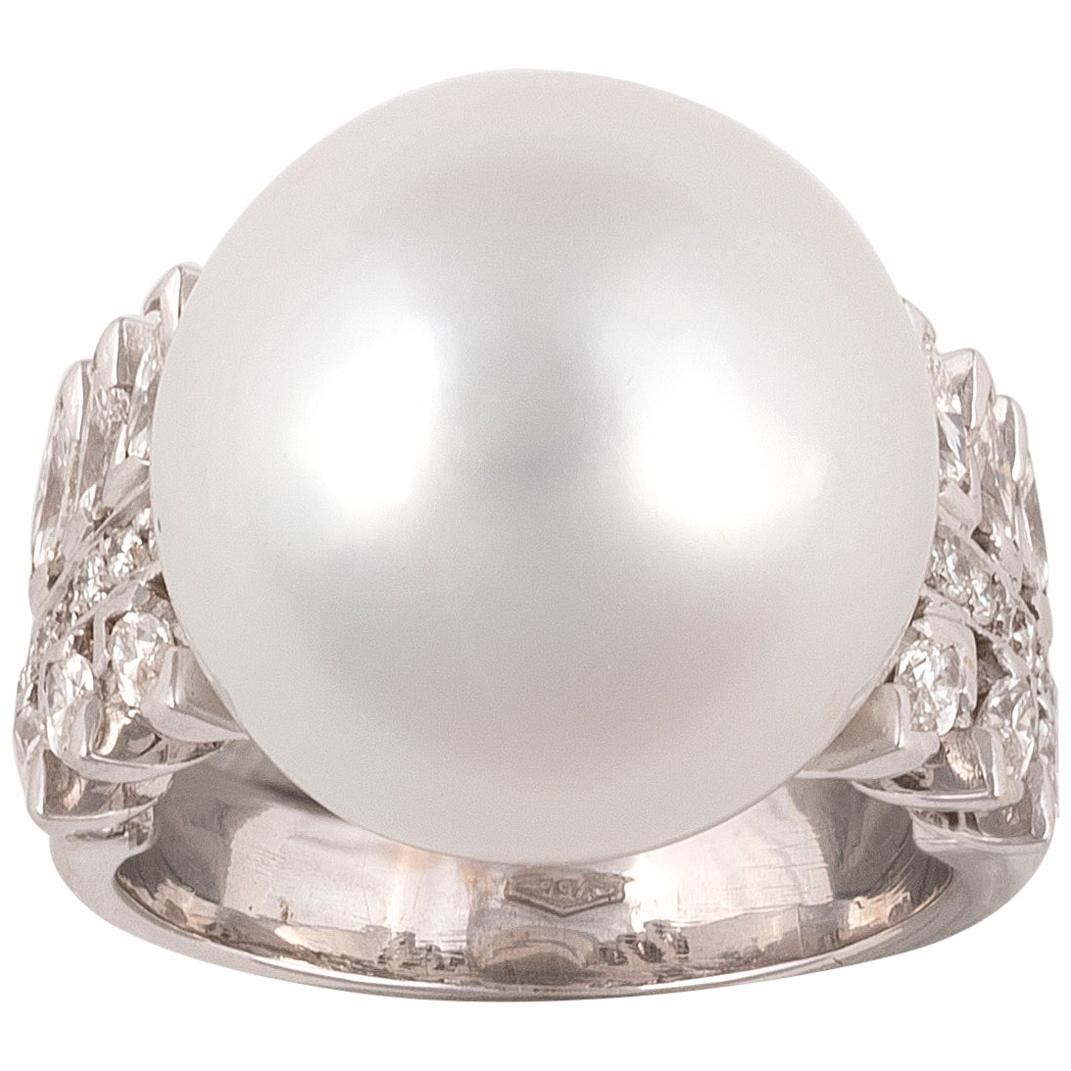Natural Organic Shaped White South Sea Pearl Diamond Ring For Sale at ...