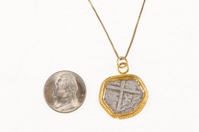 Spanish Silver Cob Coin circa 1500s Set in Rope Accented 22 Karat Gold ...
