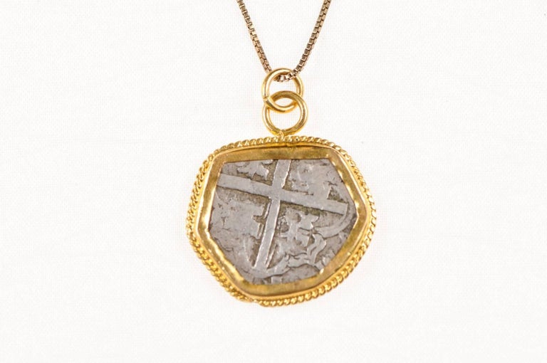 Spanish Silver Cob Coin circa 1500s Set in Rope Accented 22 Karat Gold ...