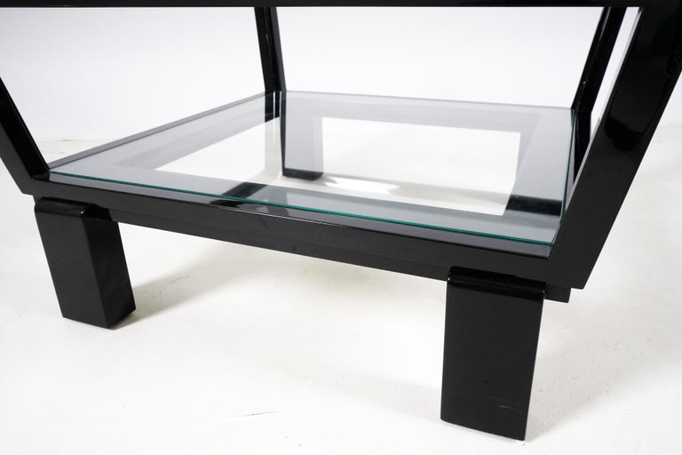 Square Coffee Table with Glass Top Black Wood Frame For Sale at 1stDibs