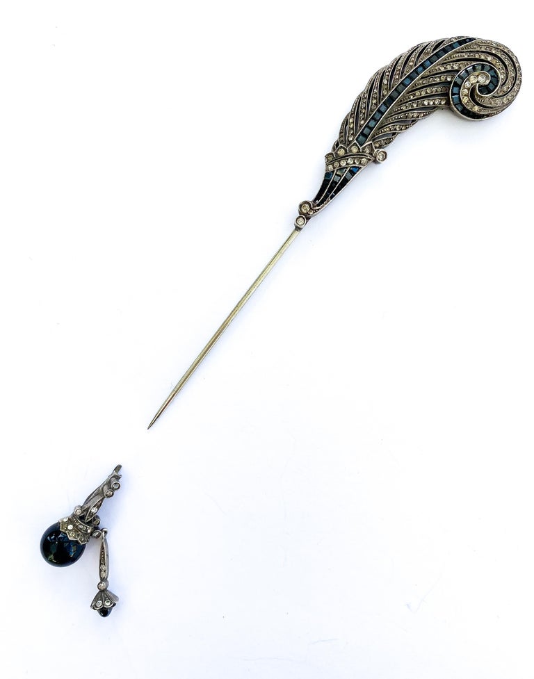 A striking silver and clear and coloured paste Art Deco jabot pin ...