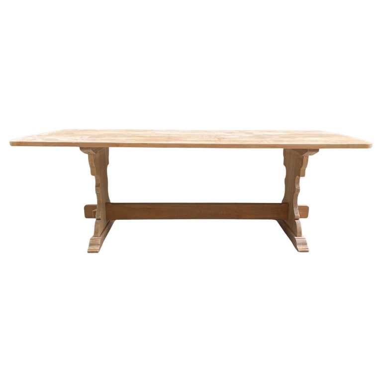 Stripped Midcentury Oak Trestle Farmhouse Table For Sale at 1stDibs