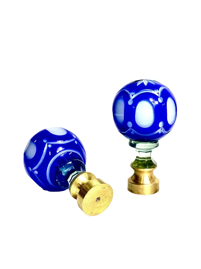 Stunning Pair of Blue Overlay Cut Crystal Newel Post Finials at 1stDibs