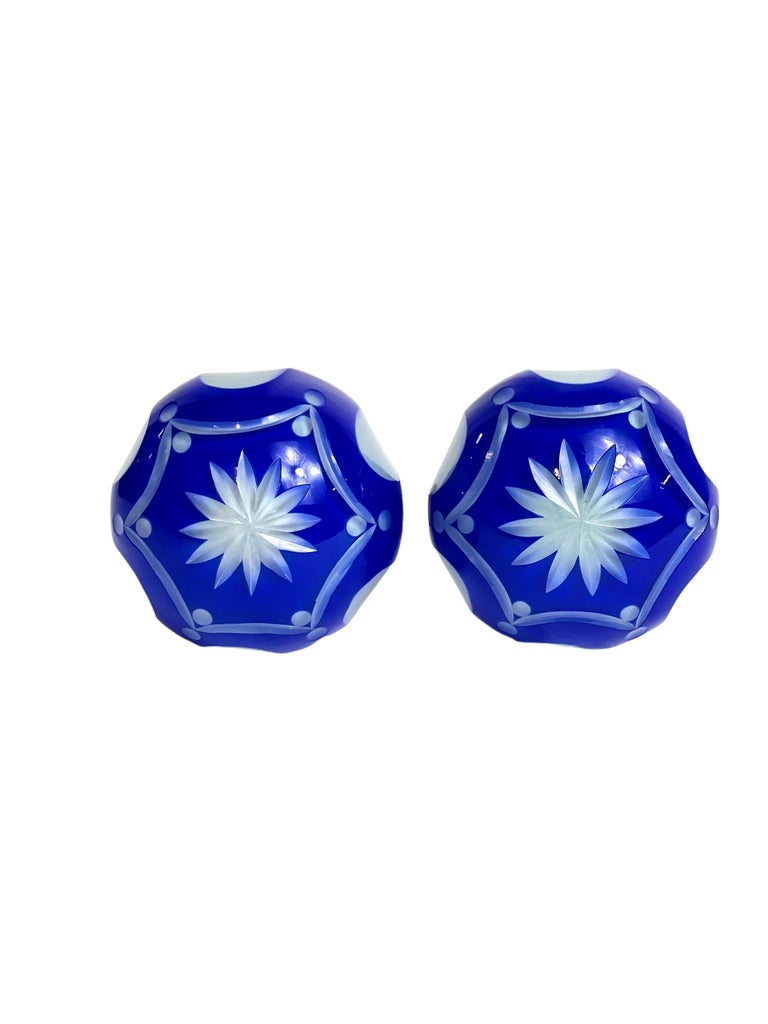 Stunning Pair of Blue Overlay Cut Crystal Newel Post Finials at 1stDibs