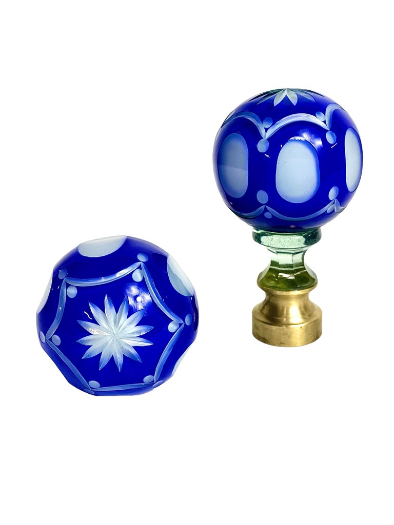 Stunning Pair of Blue Overlay Cut Crystal Newel Post Finials at 1stDibs