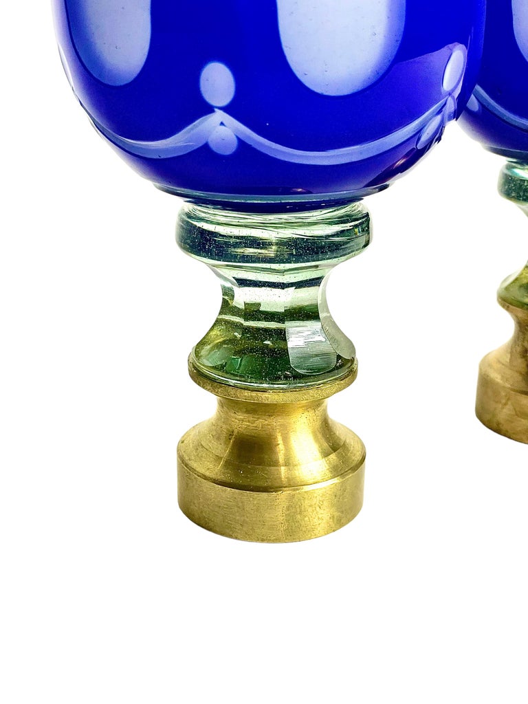 Stunning Pair of Blue Overlay Cut Crystal Newel Post Finials at 1stDibs