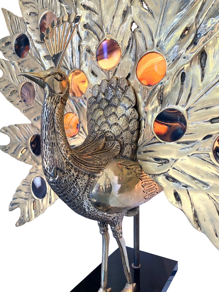 Stunning Rare Large Brass Peacock Lamp with Agate Backlit Tail by ...