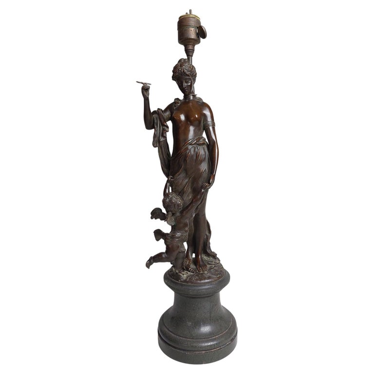 Stylish 19th Century Bronze Lamp Base of a Half Nude Lady with Cherub ...
