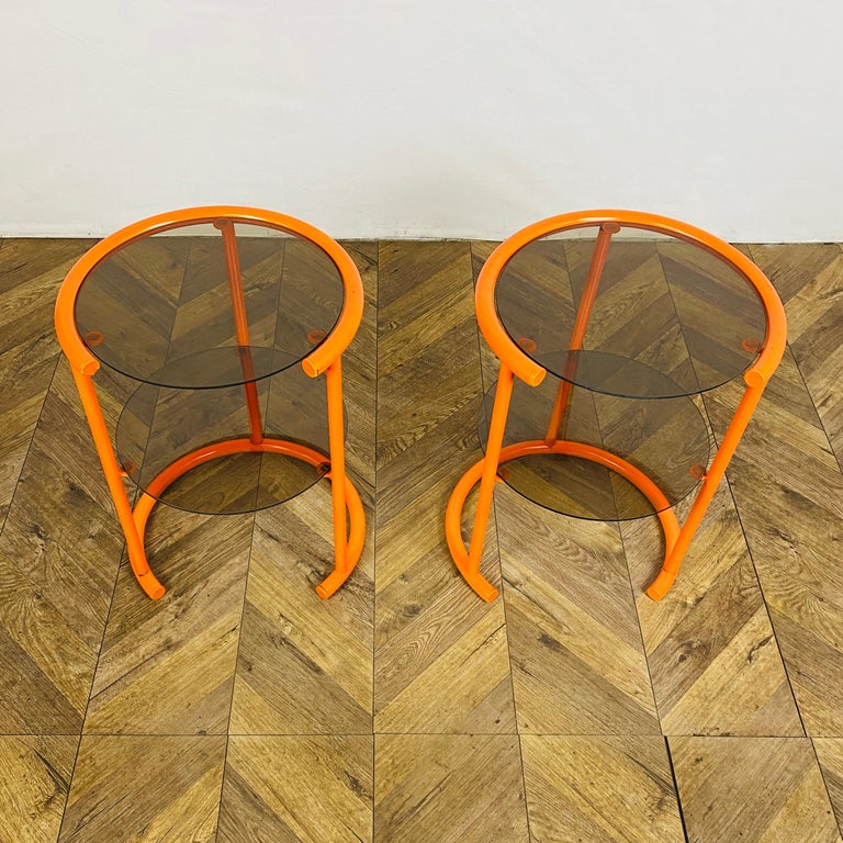 Super Rare Pair of Vintage Orange Tubular Metal and Smoked Glass Side ...