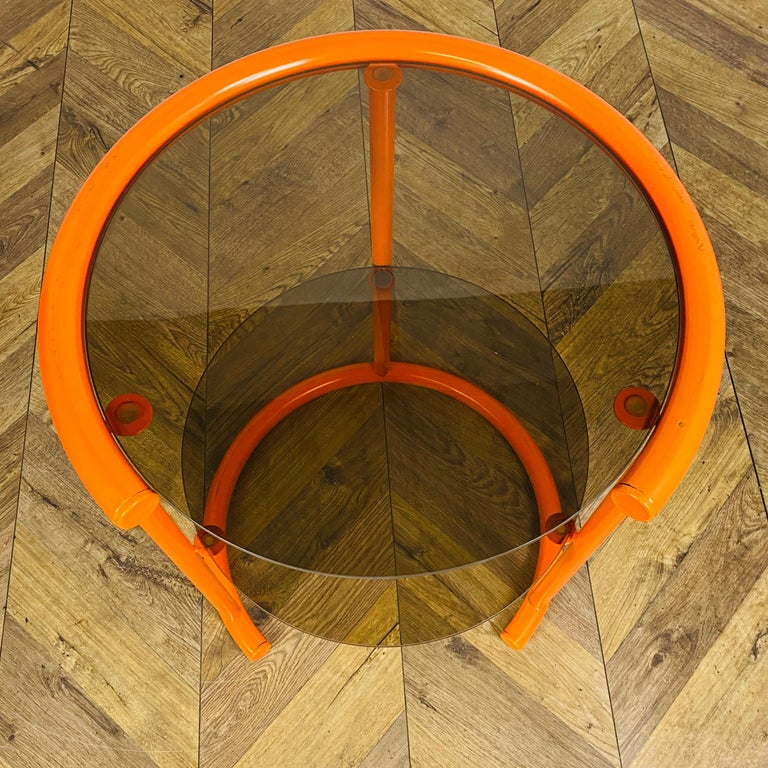 Super Rare Pair of Vintage Orange Tubular Metal and Smoked Glass Side ...
