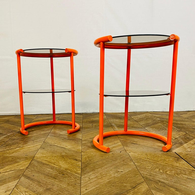 Super Rare Pair of Vintage Orange Tubular Metal and Smoked Glass Side ...
