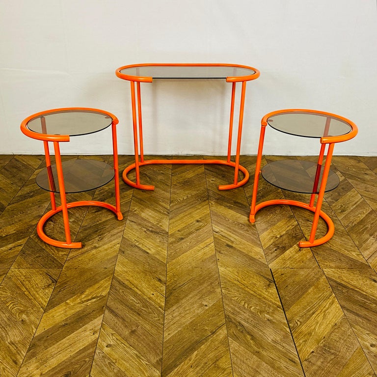 Super Rare Pair of Vintage Orange Tubular Metal and Smoked Glass Side ...