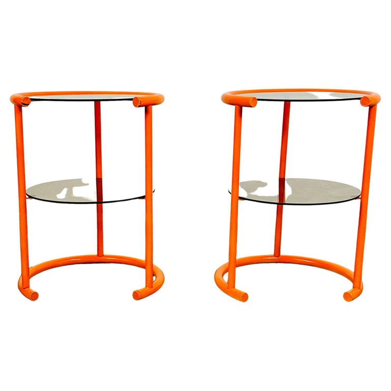 Super Rare Pair of Vintage Orange Tubular Metal and Smoked Glass Side ...
