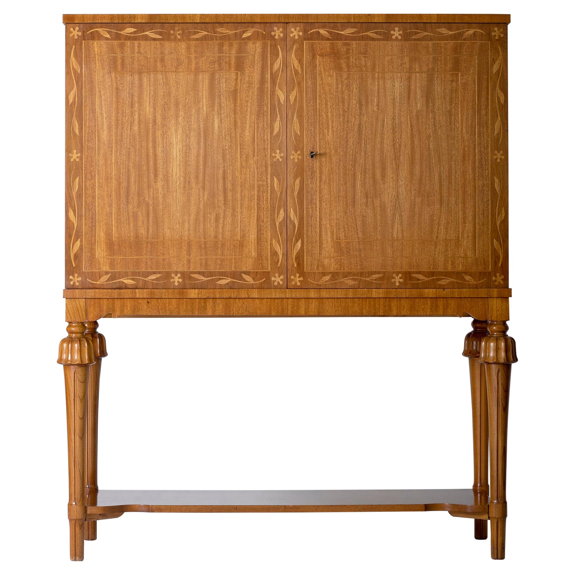 Swedish Modern Mahogany and Intarsia Cabinet on Stand at 1stDibs