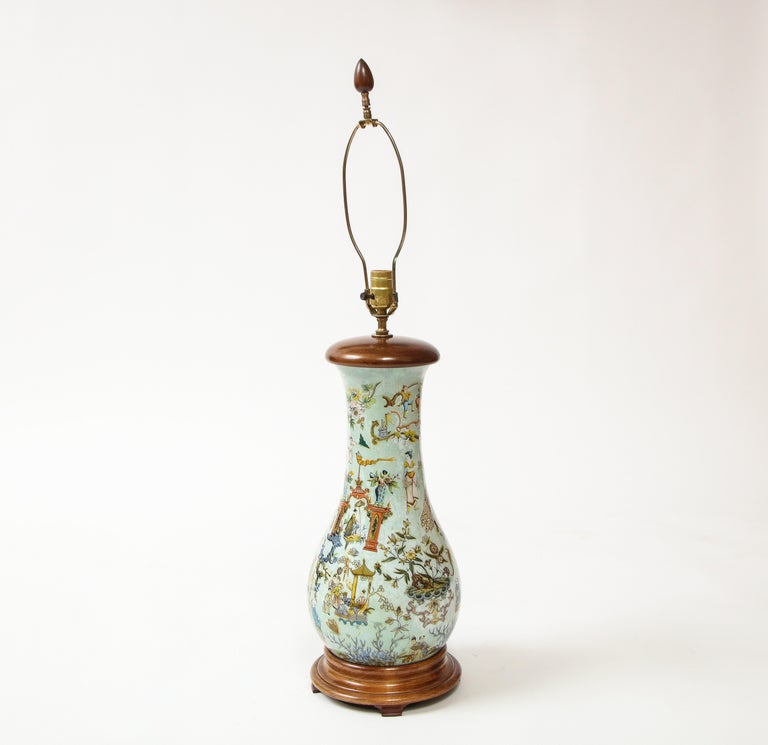Tall English Chinoiserie Celadon Decalcomania Glass Lamp For Sale at ...