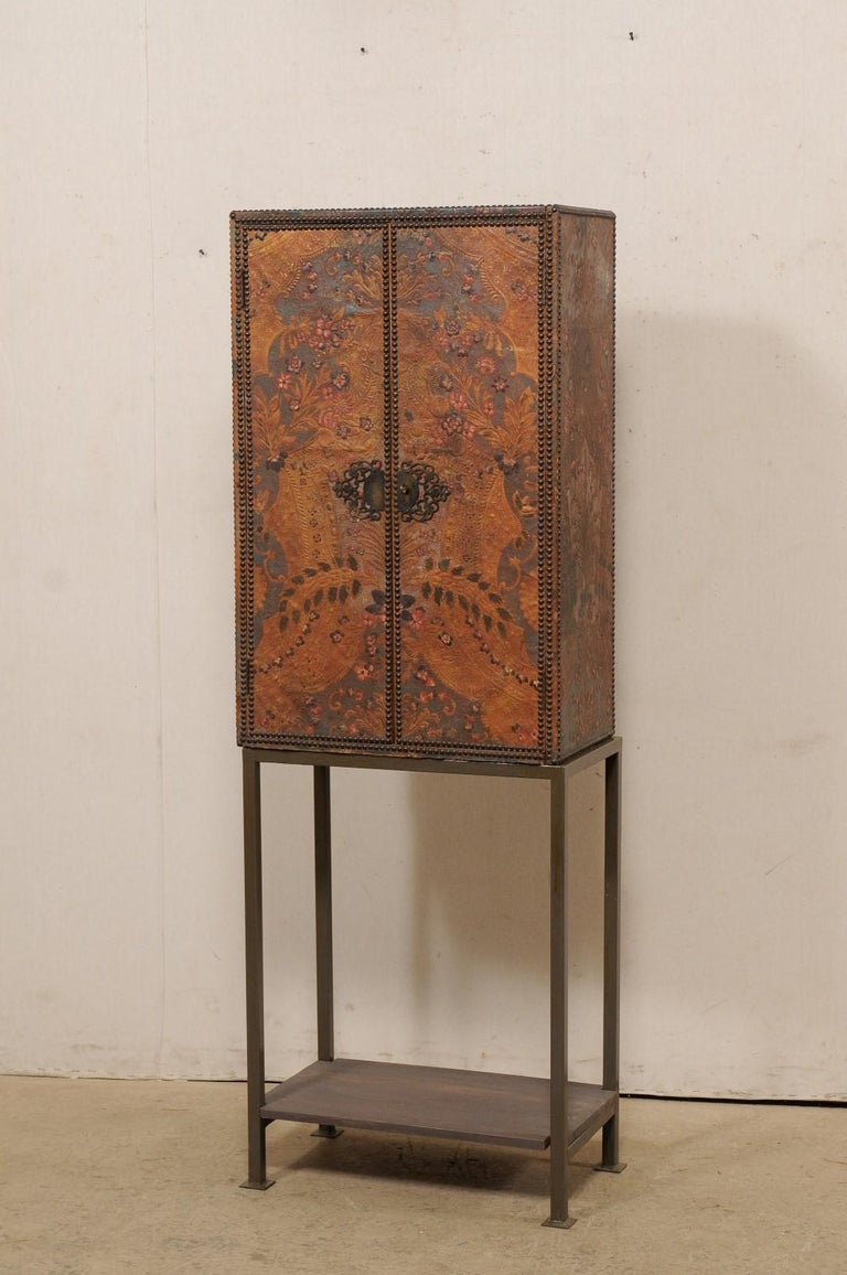 Tall Spanish Antique Embossed Leather Cabinet, Raised on Custom Iron ...