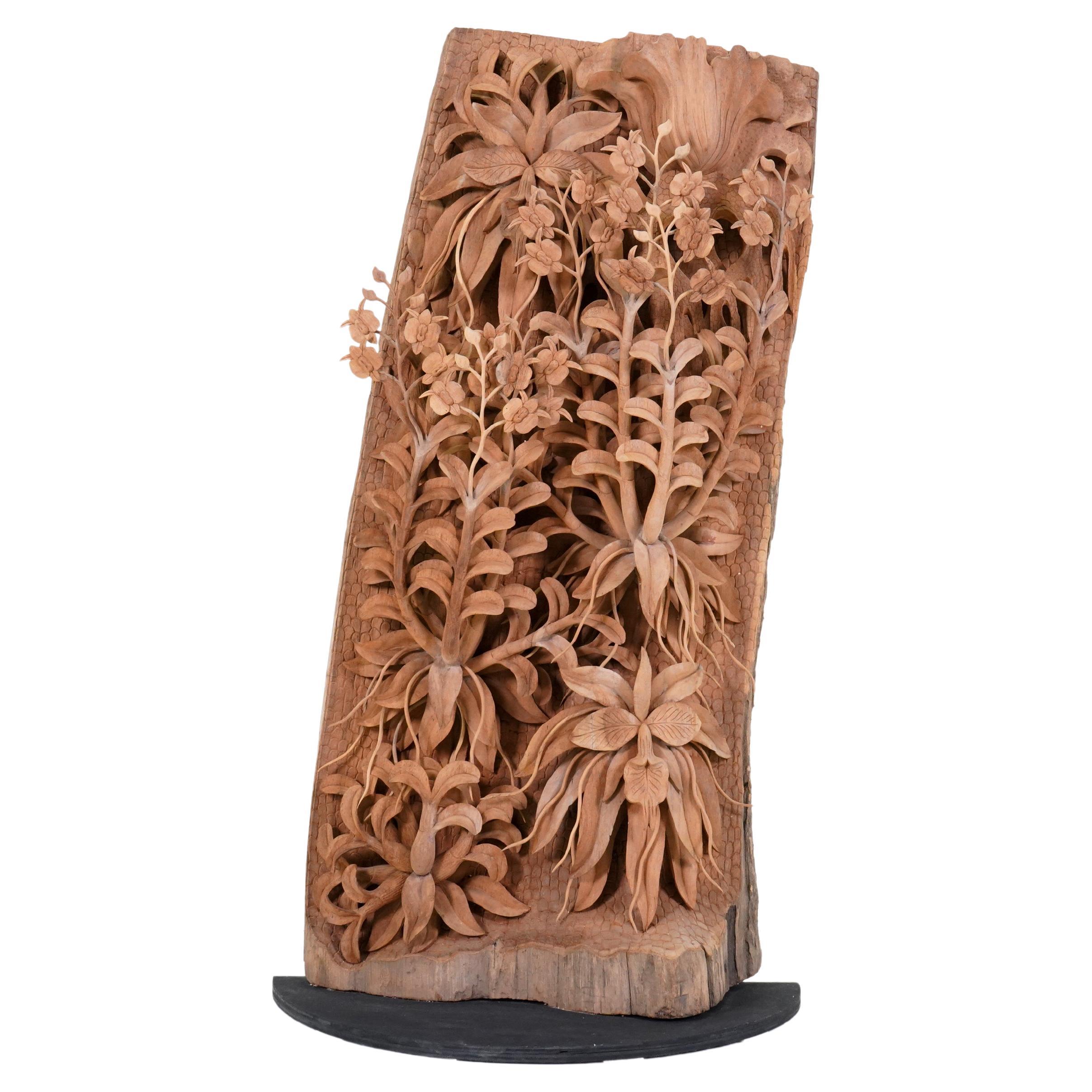 A Teakwood Carving of an Orchid For Sale at 1stDibs