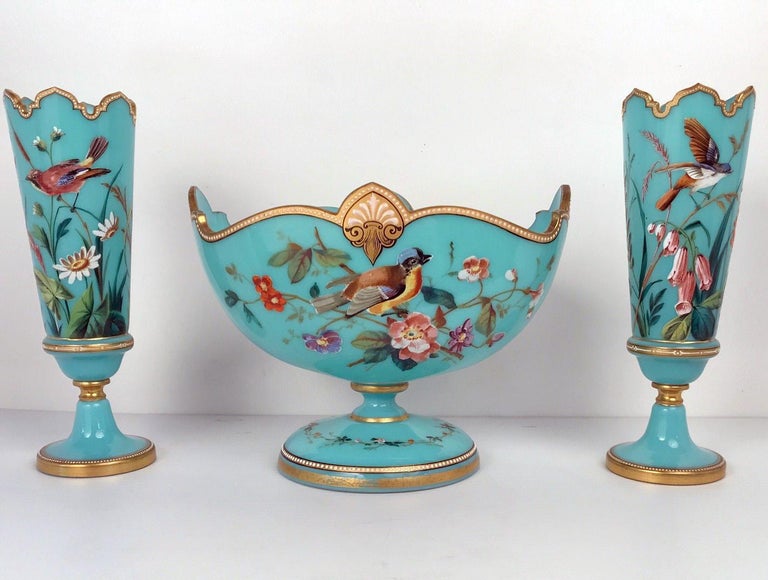 Three-Piece French Enamelled Glass Garniture, Attributed to Baccarat ...