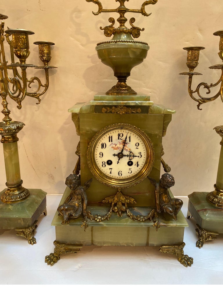 Three Piece Green Onyx Clock and Garniture Candelabra Set, France 1890 ...