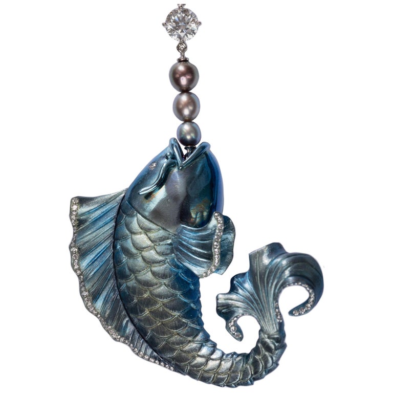 Titanium, 18 Karat Gold, Diamonds and Natural Pearls Chinese Dragon ...