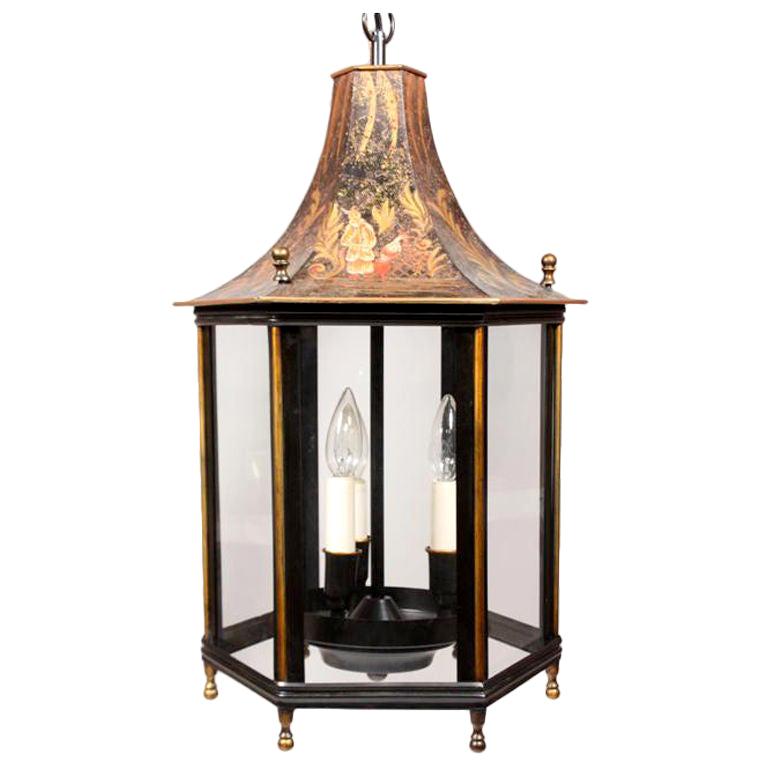 Tole Peinte Hexagonal Lantern Featuring Traditional Chinoiserie Imagery ...