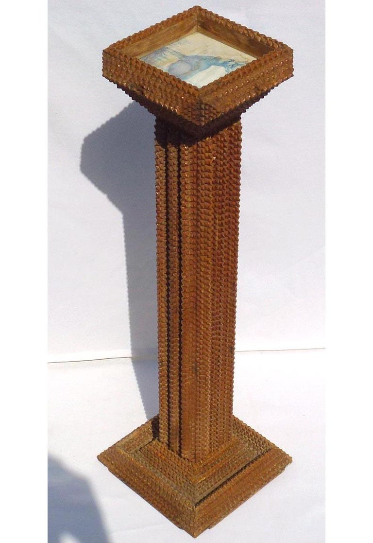 Tramp Art Pedestal Stand with a Print of a Stag Set under Glass in the ...