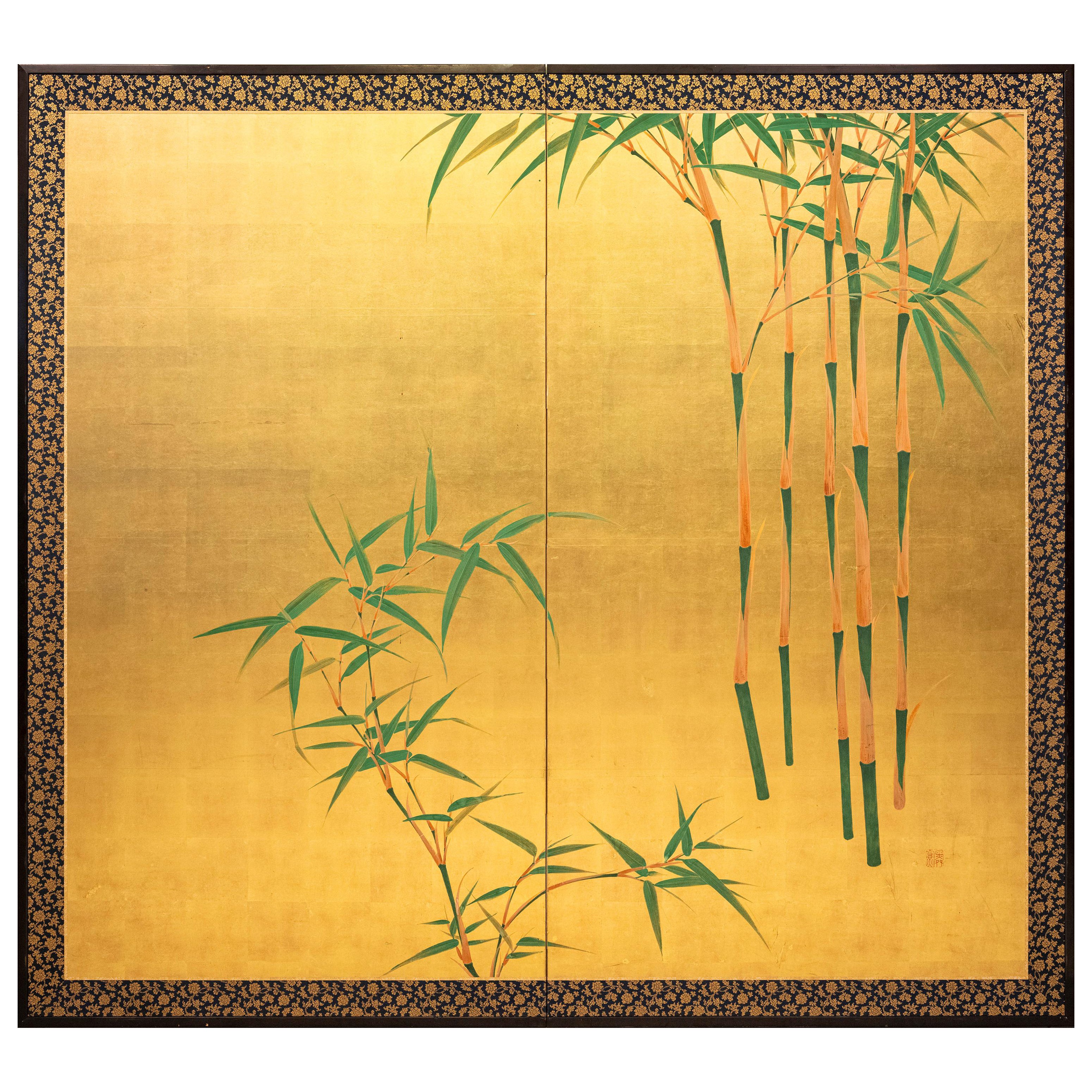 A two-panel folding screen with bamboo plants on gold leaf For Sale at ...