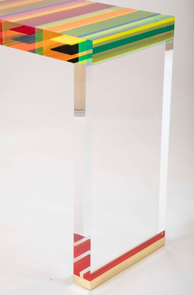 A Unique Contemporary Clear Lucite and Striped Console Table With Brass ...