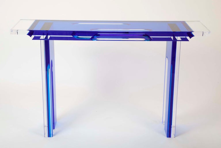 Unique Contemporary Lucite Console Table in Cobalt and Clear Lucite at ...