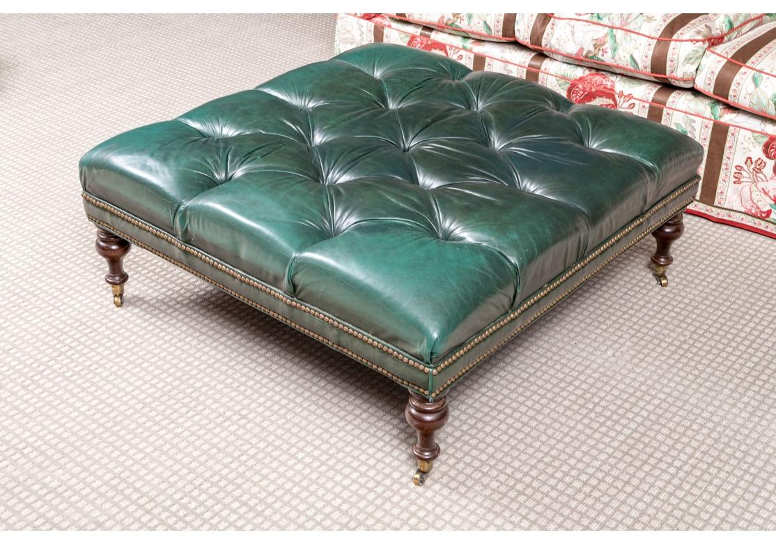 A Very Fine Button Tufted Green Leather Ottoman For Sale at 1stDibs
