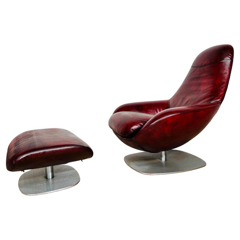 Very Stylish Vintage Deep Red Leather Swivel Chair and Stool #60 For ...