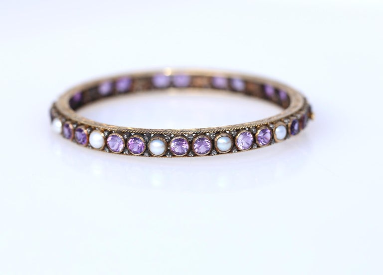 Victorian Amethyst Pearl Bangle Bracelet Yellow Gold Austria, 1890 at ...