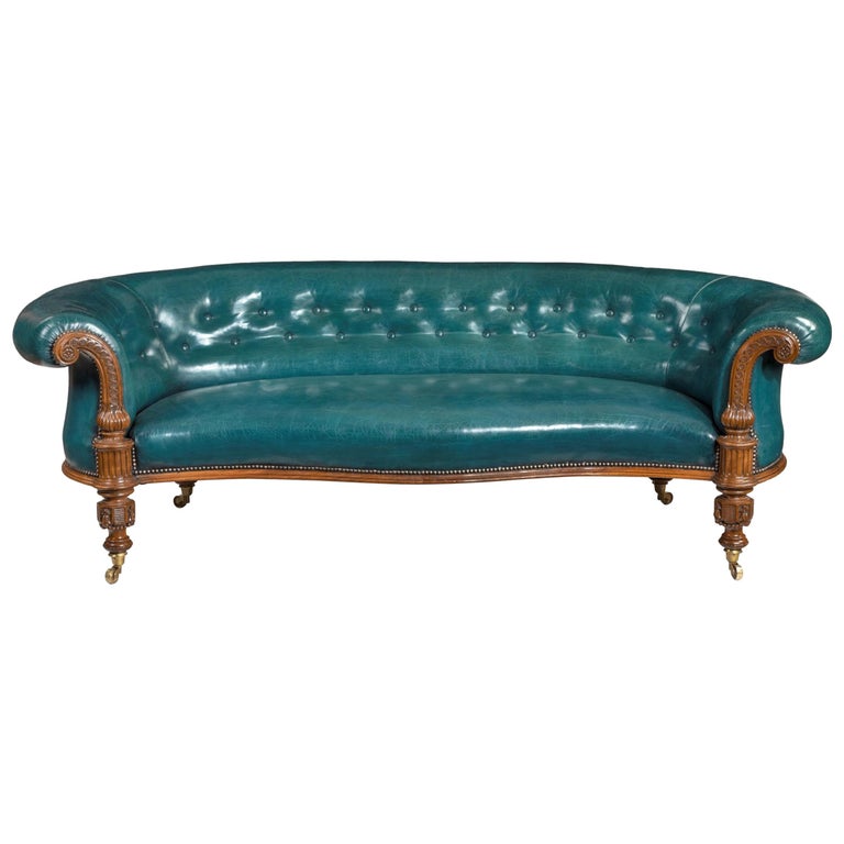 Victorian Carved Walnut Leathered Sofa For Sale at 1stDibs