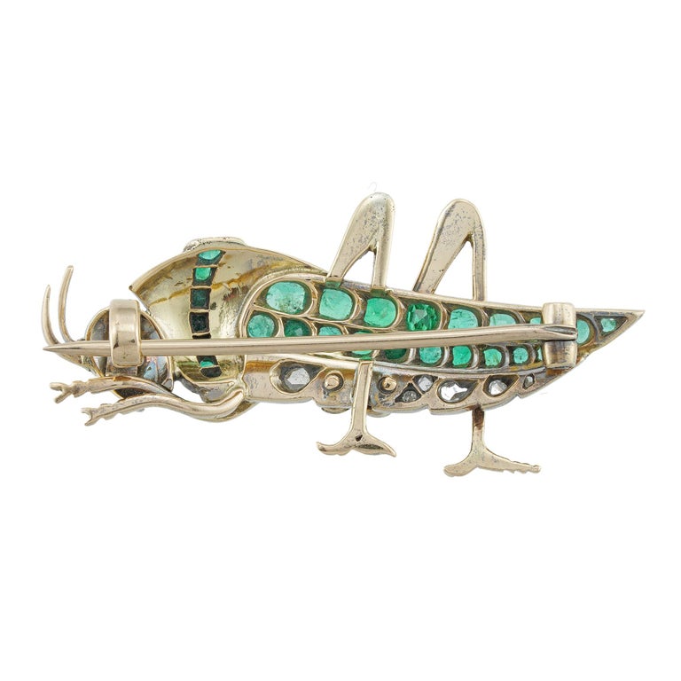 Victorian Emerald, Ruby and Diamond Grasshopper Brooch For Sale at 1stDibs