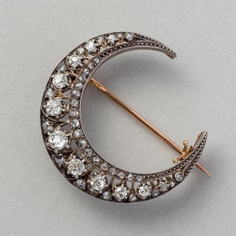 Victorian Gold Silver and Diamond Crescent Brooch For Sale at 1stDibs