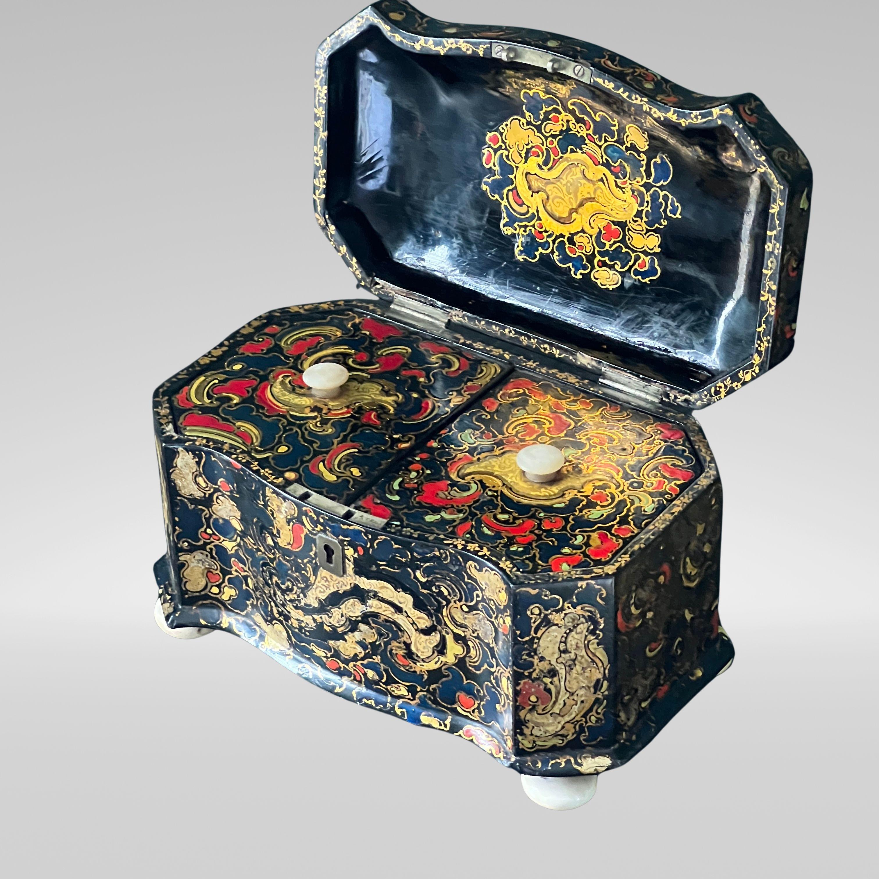 A Victorian Jennens and Bettridge Papier Mache Tea Caddy For Sale at ...