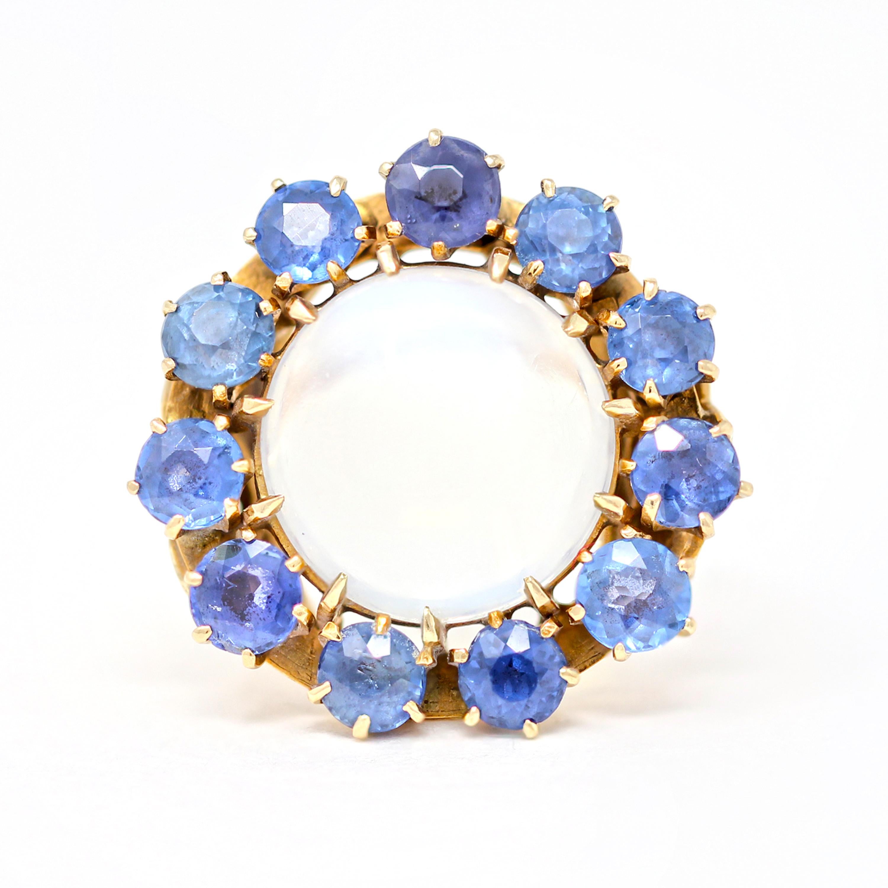 Victorian Moonstone and Blue Sapphires Ring Set in 14 Karat Gold at ...